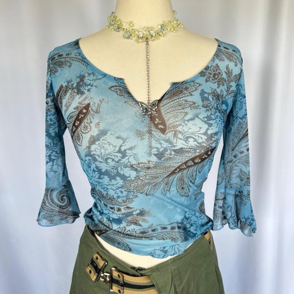 Forever 21 | Tops | Vintage Y2k Blue Floral Paisley Sheer Flared Blouse ...
